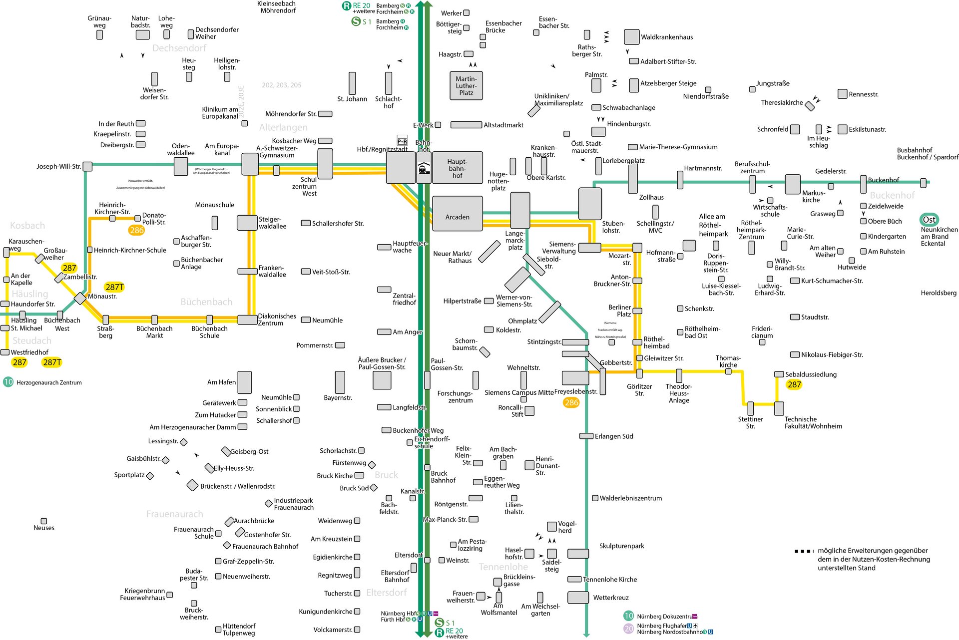 Das Erlanger Gesamt-ÖPNV-Netz mit StUB und Bus